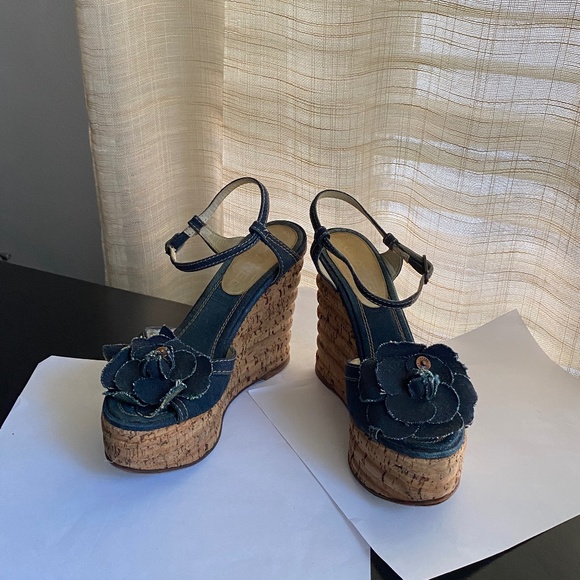 CHANEL | Shoes | Chanel Blue Denim Cork Wedge Heels 365 Platforms ...